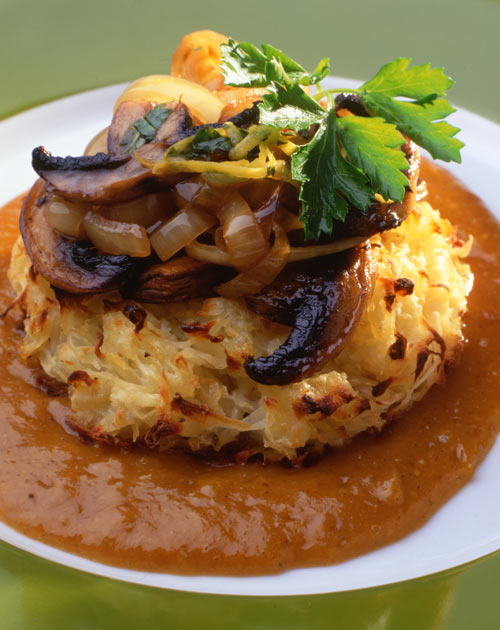 Rosti Stacks with Spicy Peach Coulis - Vegetarian Society